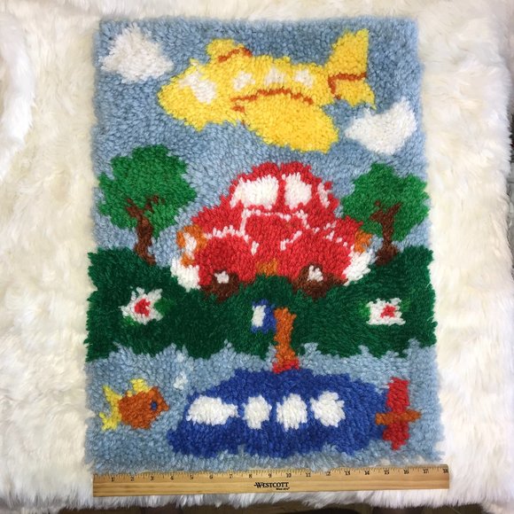 Hand Crafted | Wall Decor | Vintage Latch Hook Wall Hanging Car Plane ...